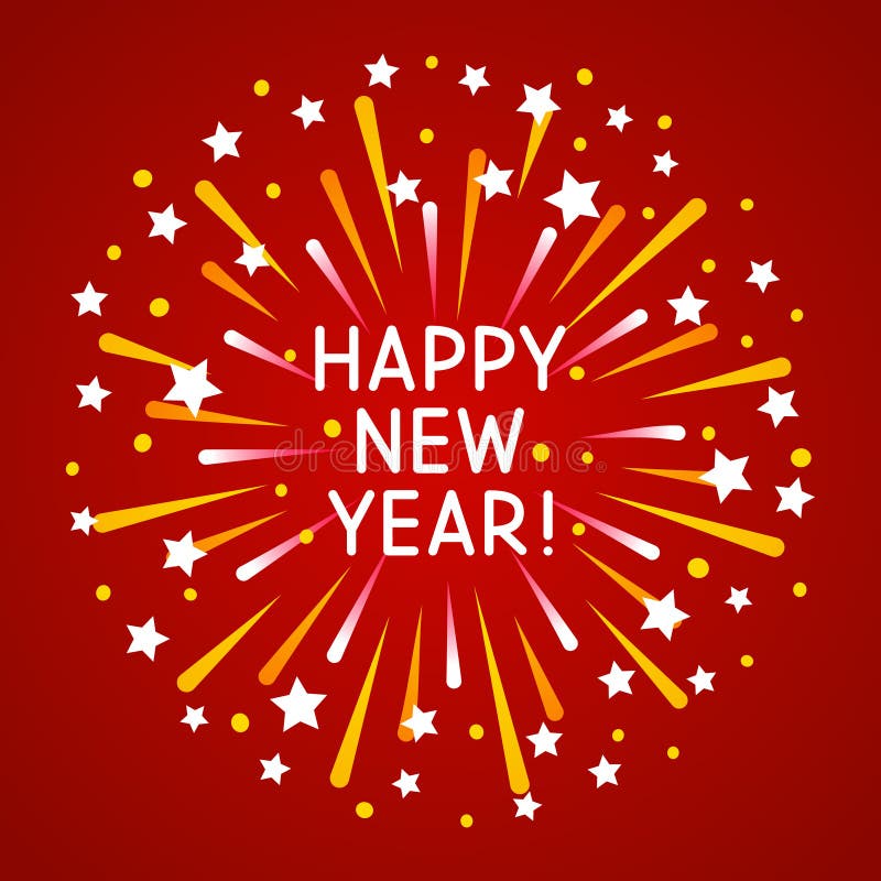 New Year Greeting Card Design with Color Firework on Red Background ...