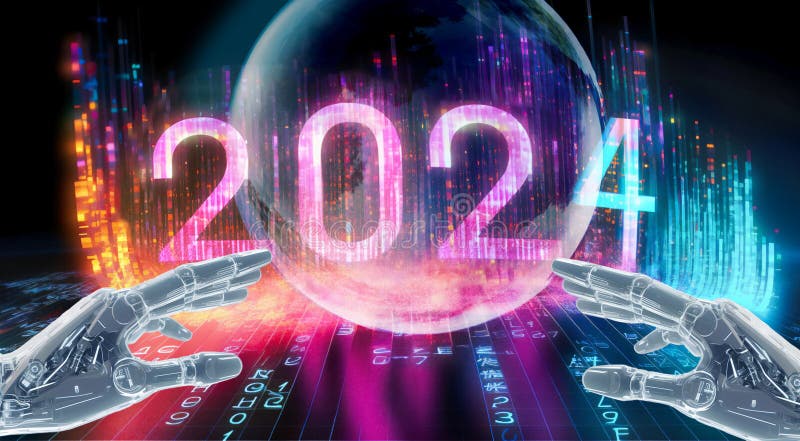 2024 New Year Illustration with Robotic Hands, Concept of AI and Future ...