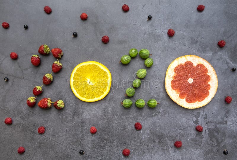 New Year 2020 Made of Fruit and Berries on the Concrete Background ...