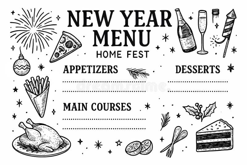 New Year Menu Template for Party Fest, Template with Hand-drawn Graphic ...
