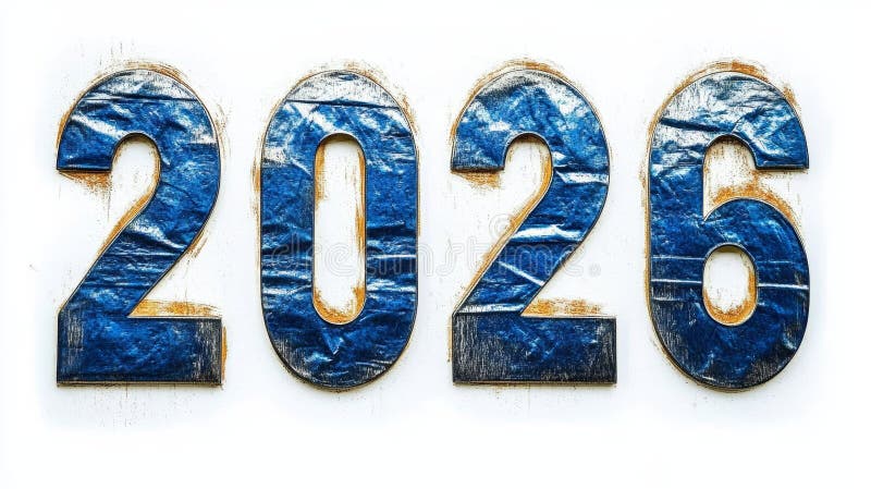 2026, New Year, Metallic Numbers with Blue Texture on a White ...