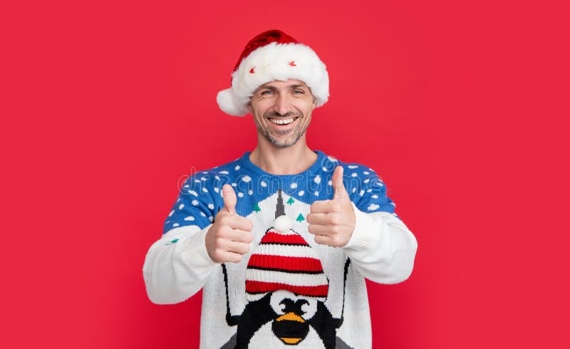 New Year Mood Happy Man Isolated On Red Background Wear New Year Sweater Stock Image Image Of