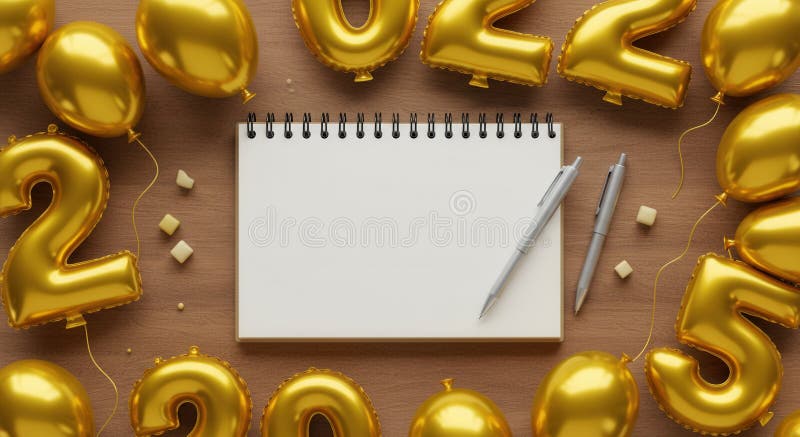 New Year Planning with Balloons and Notepad for 2025 Celebration Stock ...