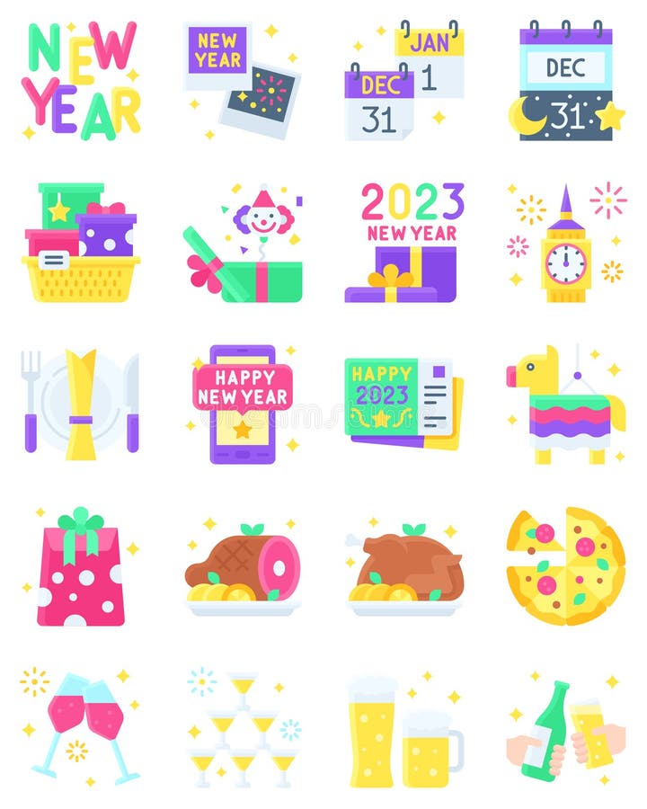 New Year Realated Flat Vector Icon Set 3 Stock Vector - Illustration of ...
