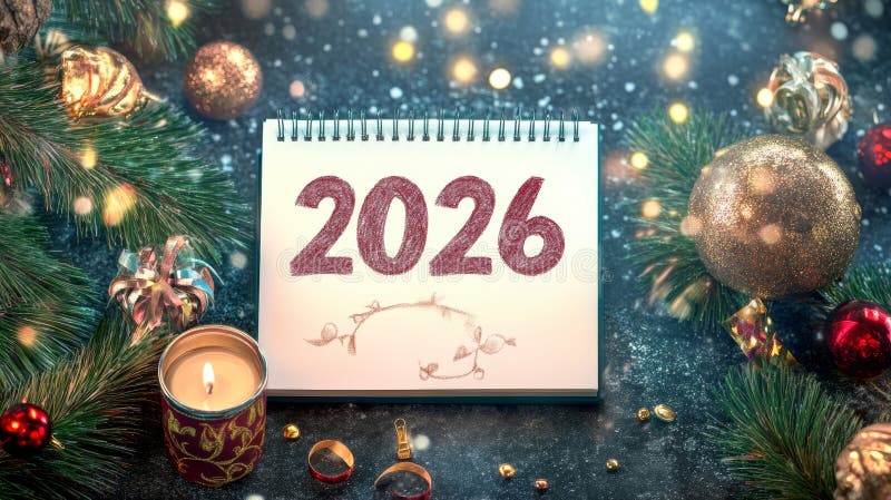 2026 New Year Resolution Notebook. Festive Composition with Christmas ...