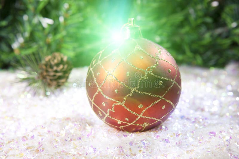 New Year`s Ball on a Background of Decorative Snow Stock Photo - Image ...