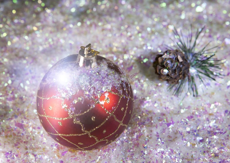 New Year`s Ball on a Background of Decorative Snow Stock Photo - Image ...