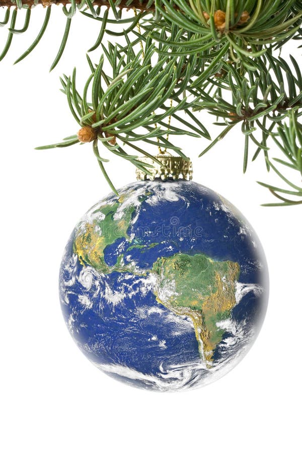 Earth Globe As a Christmas Bauble on Fir Branch, Copy Space Stock Photo ...