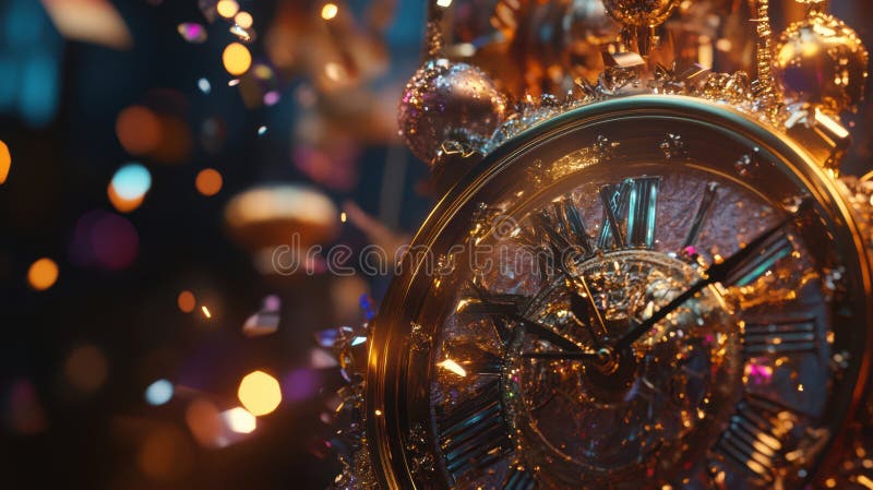 New Year S Countdown Clock with Shimmering Decorations and Confetti ...