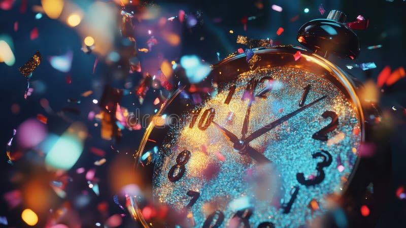 New Year S Countdown Clock with Shimmering Decorations and Confetti Stock Illustration ...