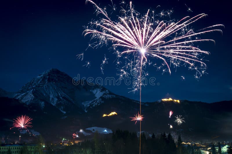 Fireworks Rocket and Full Moon in Night Sky Stock Image - Image of ...