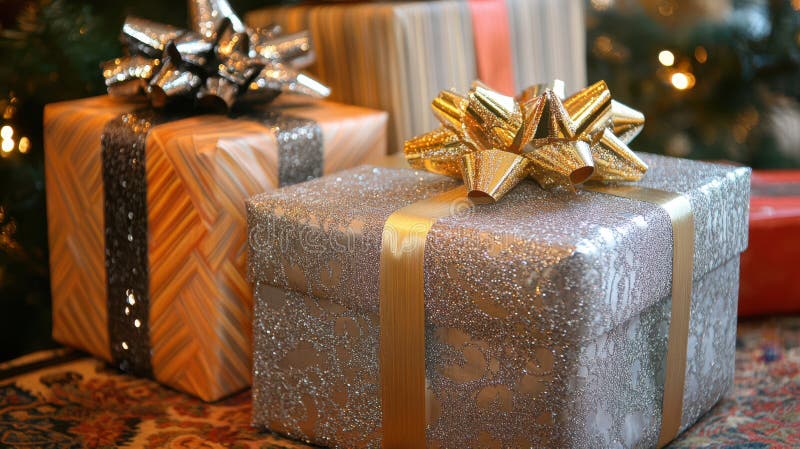 New Yearâ€™s Gift Exchange with Sparkling Packaging and Ribbons Stock ...