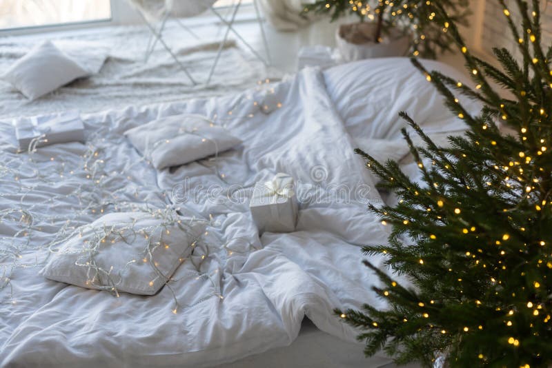 New Year& X27;s Interior. Christmas Tree Bed with Soft Beige Back and ... New Year& X27;s Interior. Christmas Tree Bed with Soft Beige Back and ...