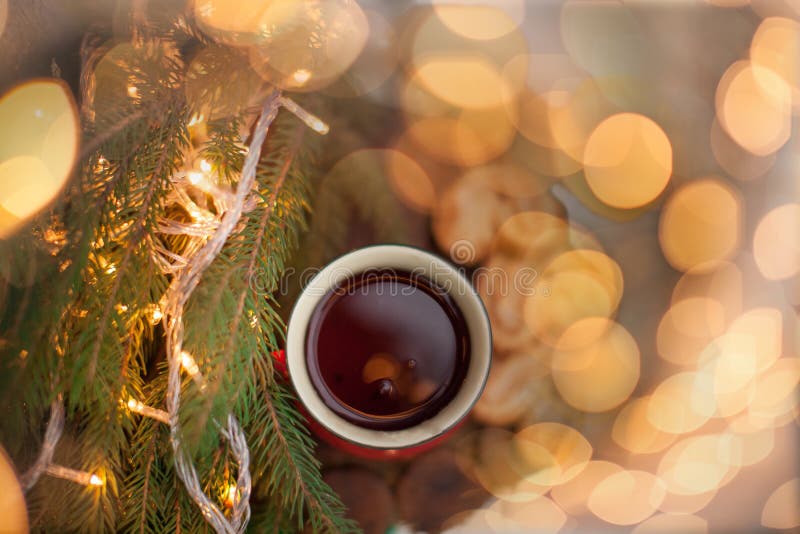 Tea in a Red Circle in the New Year`s Eve. New Year`s Motives. Stock ...