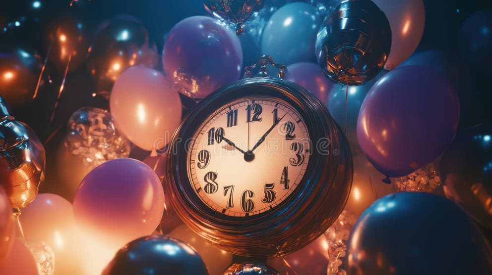 New Yearâ€™s Party Countdown Clock Surrounded by Balloons Stock ...