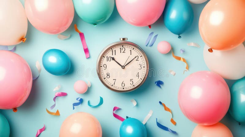 New Yearâ€™s Party Countdown Clock Surrounded by Balloons Stock ...