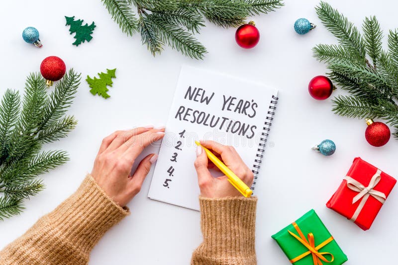 2021 New Year`s Resolutions with Christmas Decorations. Overhead View ...