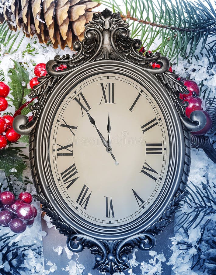 New Year S Still Life. Old Clock on Snow. Stock Image - Image of advent ...