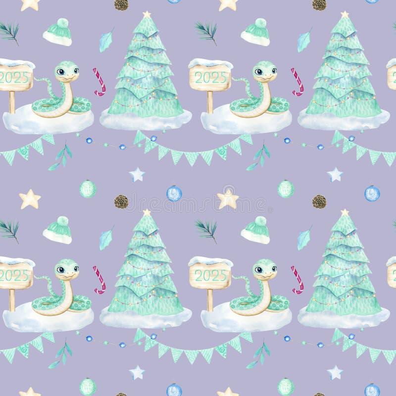 New Year Seamless Pattern with Watercolor Festive Cute Snakes Stock ...