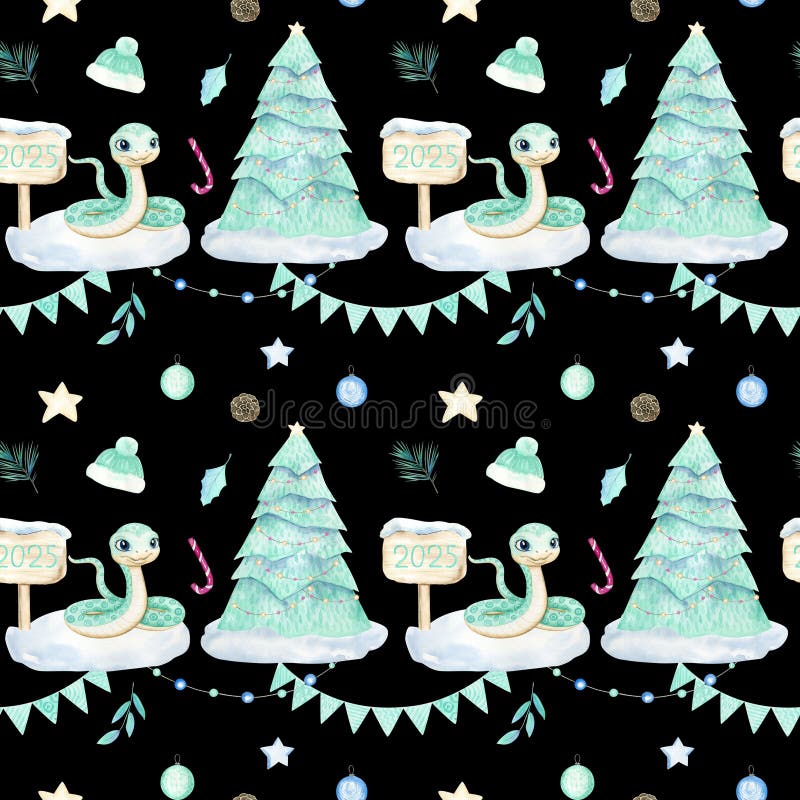 New Year Seamless Pattern with Watercolor Festive Cute Snakes Stock ...