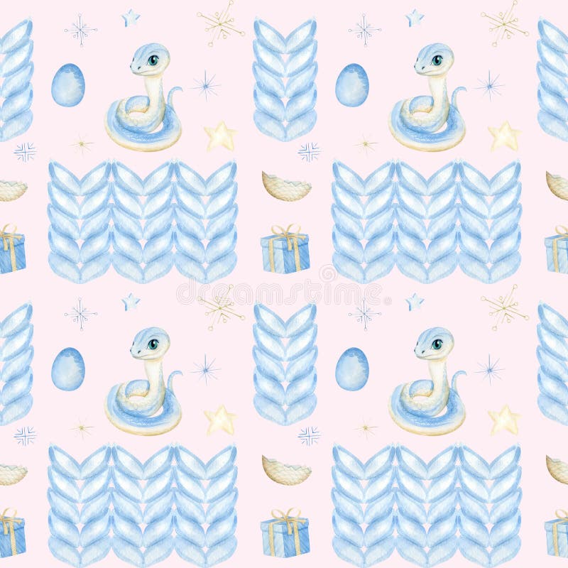 New Year Seamless Pattern with Watercolor Festive Cute Snakes Stock ...