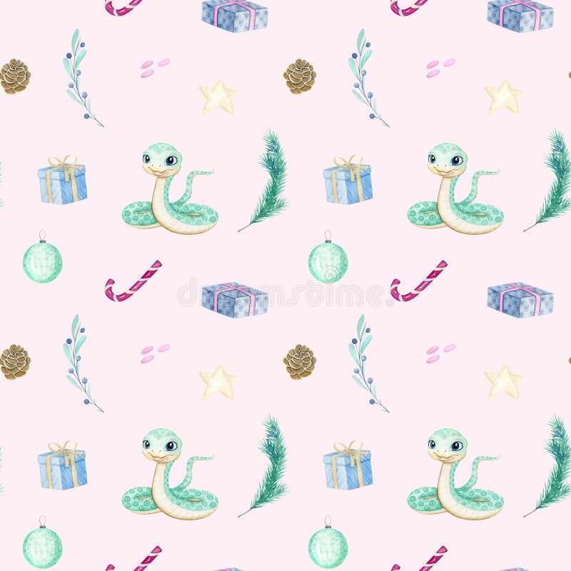 New Year Seamless Pattern with Watercolor Festive Cute Snakes Stock ...
