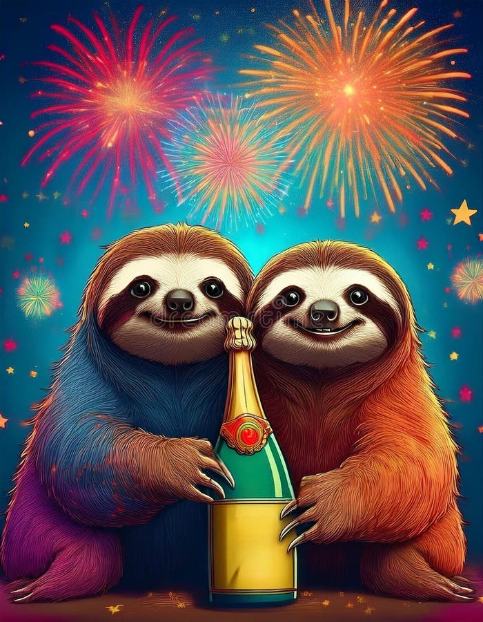 New Year Sloth with Fireworks Cartoon Stock Photo - Image of mythology ...