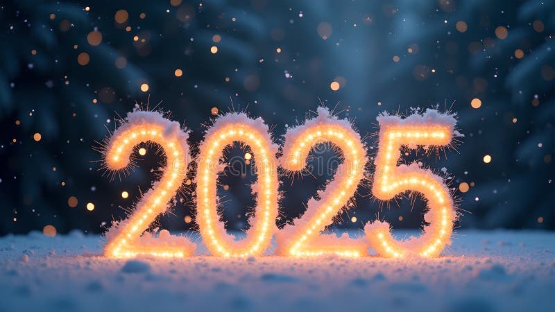 2025 New Year in Snow with Sparkler Lights. Concept of Celebration ...