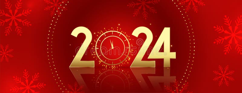 2024 New Year Snowflake Banner with Golden Clock Design Stock Vector ...
