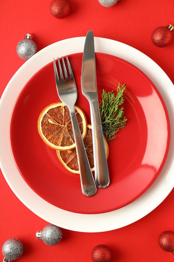 New Year Table Setting on Red â€‹background Stock Photo - Image of ...