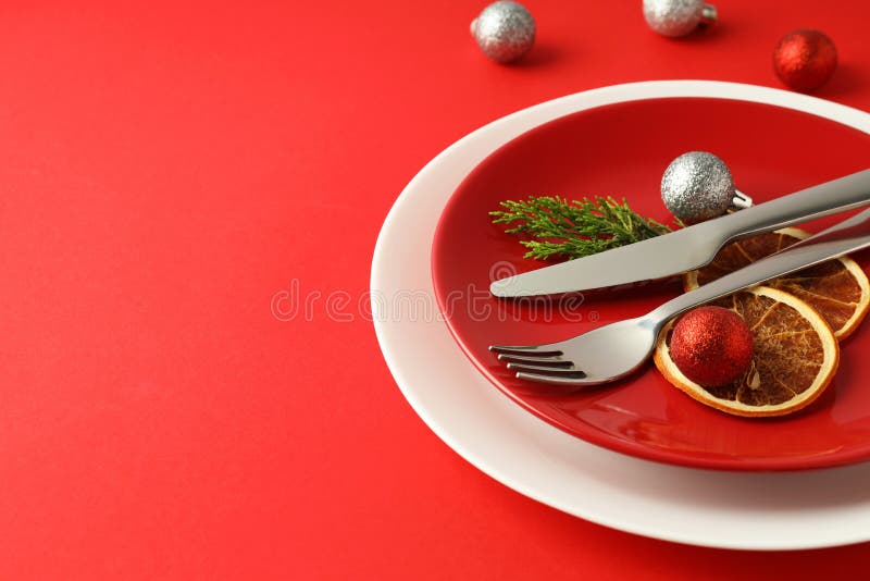 New Year Table Setting on Red â€‹background Stock Image - Image of ...