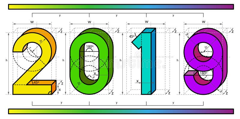 2019 New Year Technical Font Project Design in Abstract Colorful 3D ...