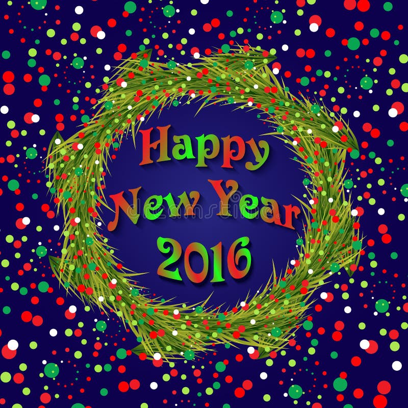 New Year Wreath with Colorful Confetti on Dark Blue Background Stock ...