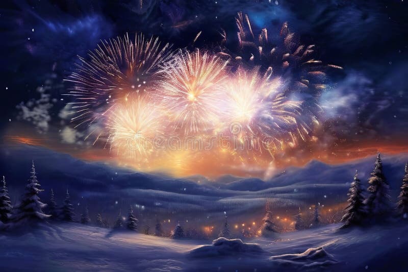 New Years Eve Fireworks Fireworks Exploding Over a Snowy Landsca Stock ...