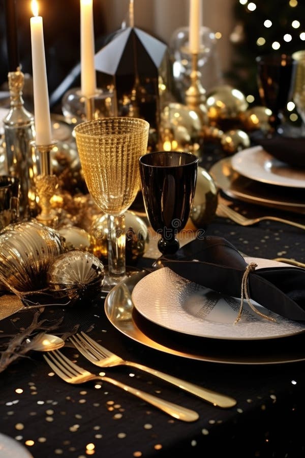 New Years Eve Table Setting with Festive Decorations Stock Illustration ...