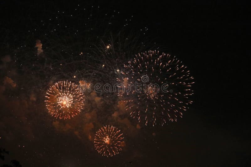 New Years Fireworks with Rockets in the Sky Stock Photo - Image of ...