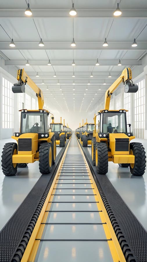 New Yellow Industrial Vehicles Positioned in a Row Inside a Bright ...
