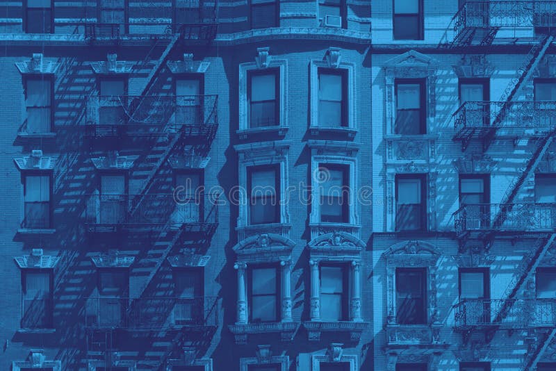 New York City Building Windows in Blue Stock Image - Image of history ...