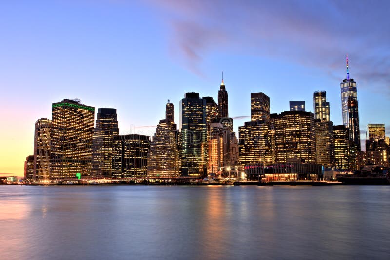 New York City Lower Manhattan at Dusk Stock Image - Image of bridge ...