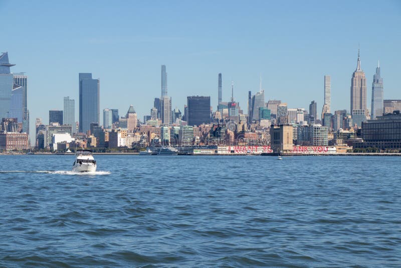 A Boat in the Harbour and New York City Skyline Editorial Image - Image ...