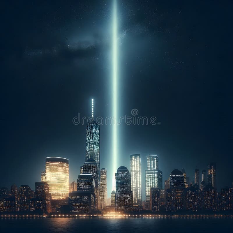 New York City Skyline at Night with Light Beam. 3D Rendering Stock ...