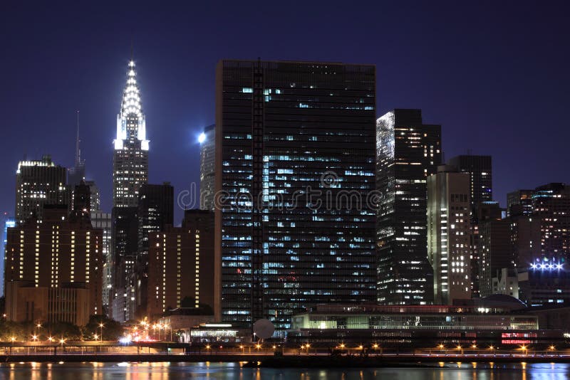 New York City Skyline at Night Lights Stock Image - Image of harbor ...