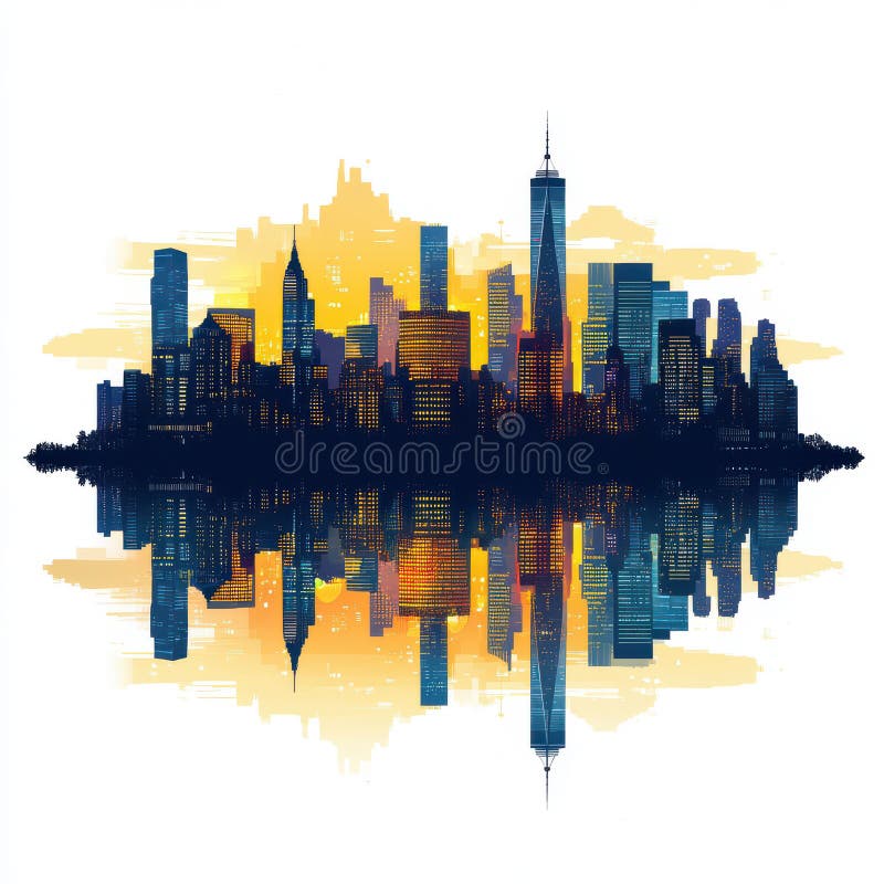 New York City Skyline Night Reflection Modern Art Stock Illustration - Illustration of lights ...