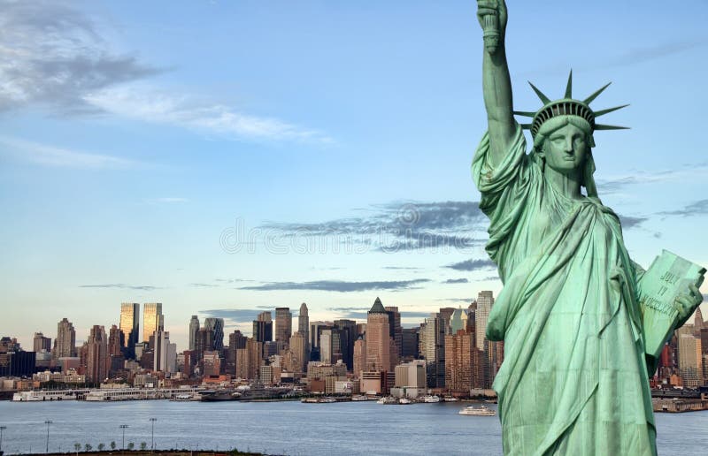 The Statue of Liberty and New York City Skyline Stock Photo - Image of ...