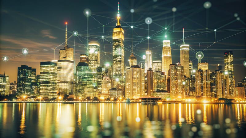 New York City Skyline with Skyscrapers and Bridges at Night. Stock ...