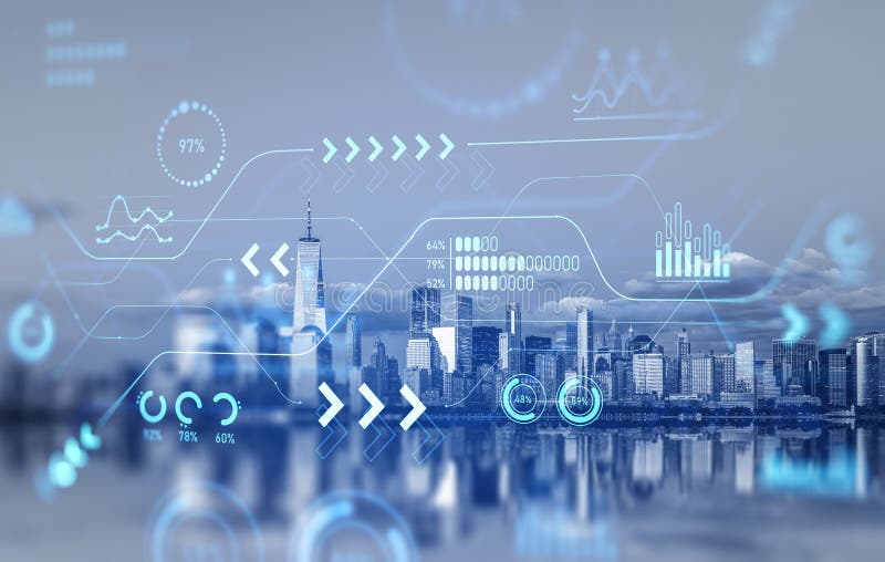 New York Cityscape and Big Data Graph Chart with Arrows, Graphs and ...