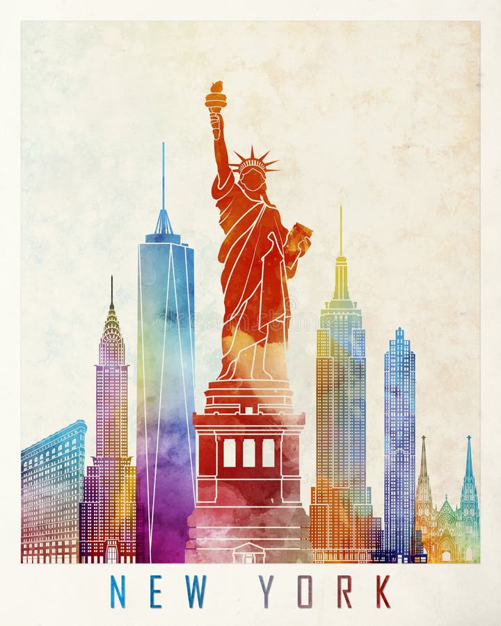 New York Landmarks Watercolor Stock Illustration - Illustration of ...
