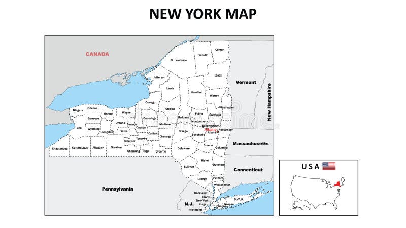 New York Map. Political Map of New York with Boundaries in White Color ...
