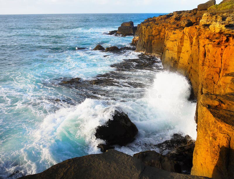 New Zealand Coastline Sunset, Crashing Waves Cliffs Stock Image - Image ...