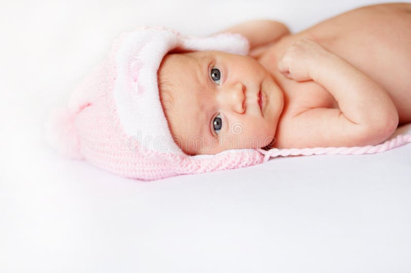 Newborn Baby Girl in Pink Hat Stock Image - Image of girl, innocent ...